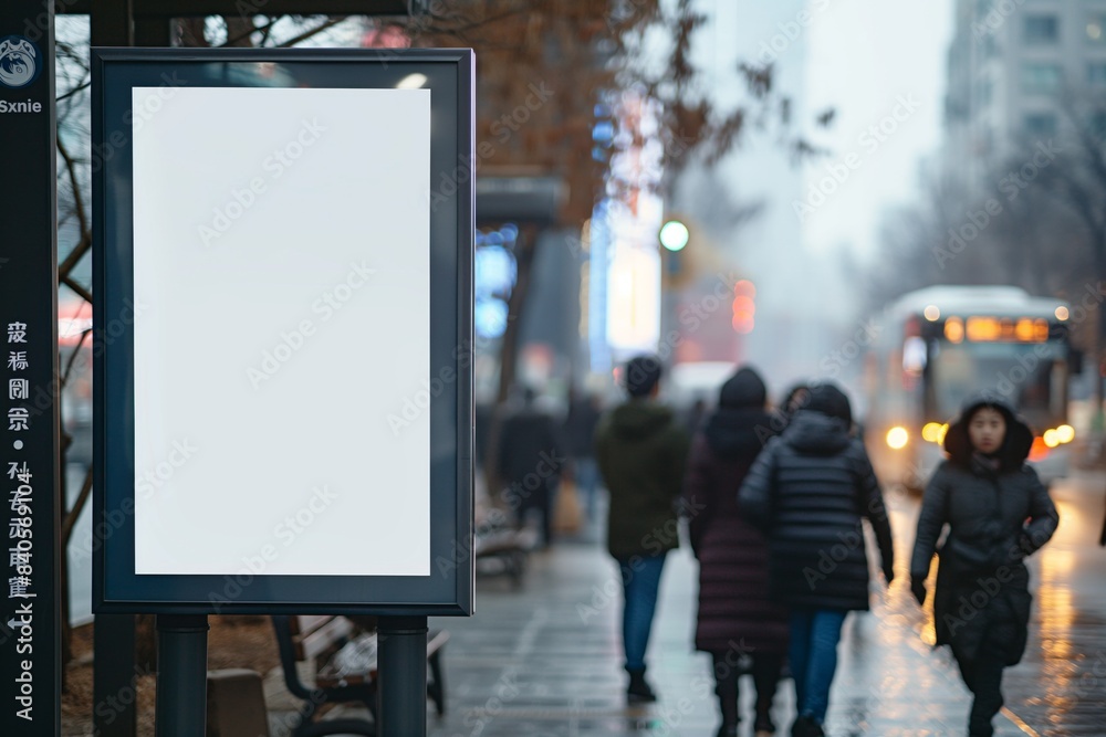 blank advertisement billboard at bus stop with bustling city street ...
