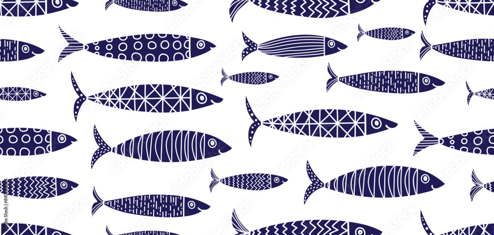 Blue sardines. Retro background. Seamless pattern. Can be used in ...