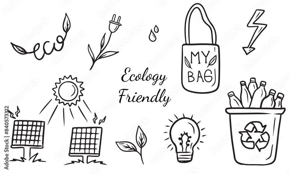 Set of simple cartoon drawing of ecology friendly topic with shopper ...