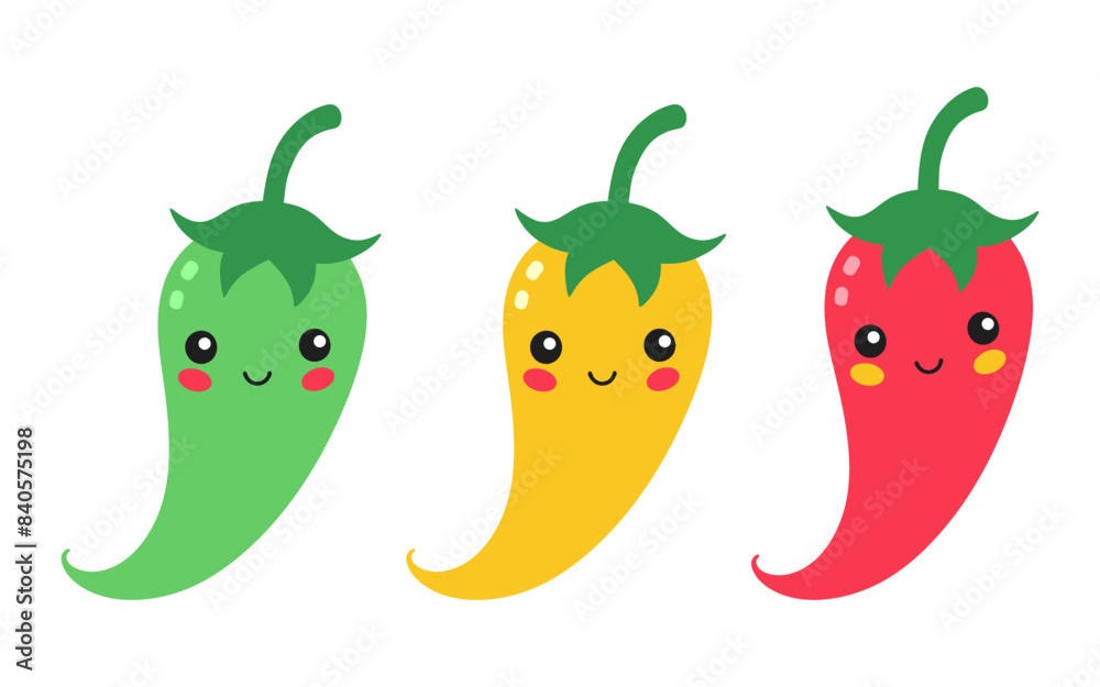 chilli pepper with cute face collection, green, yellow and red, spicy ...