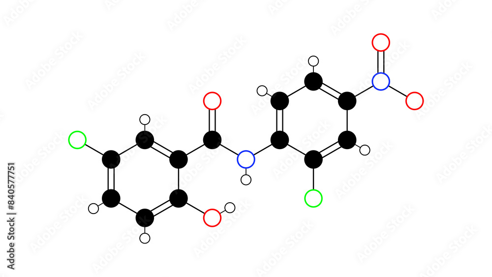 niclosamide molecule, structural chemical formula, ball-and-stick model ...