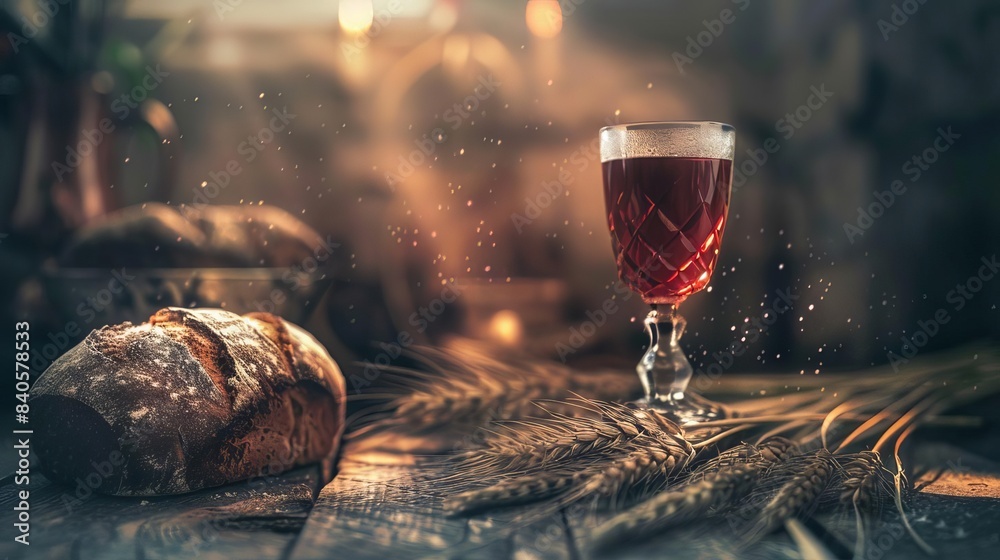 sacred christian eucharist sacrament concept symbolic bread and wine on ...