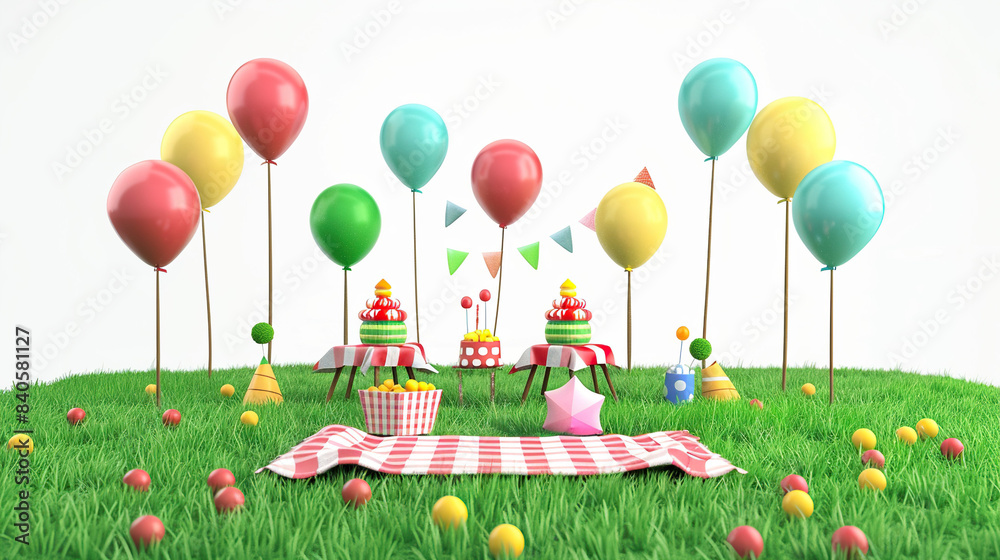 3D cartoon balloon fiesta with a picnic area and blanke Stock ...