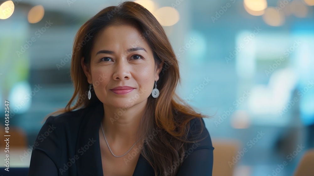 Portrait of filipina woman beautiful business leader, in modern bright ...