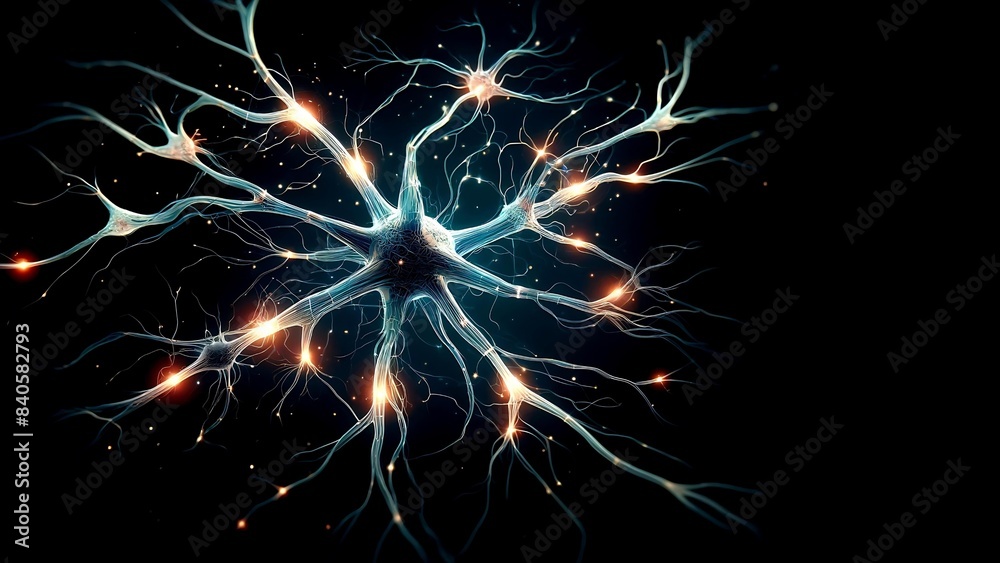 Close-up image of a neuron with intricate neural connections, highlighted by glowing synapses ...