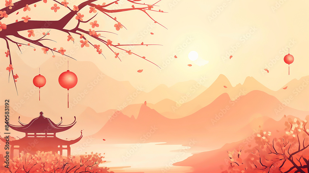 Chinese and Japanese style nature pictures with mountains. Has a pastel ...