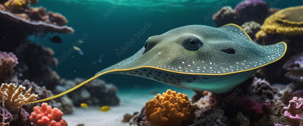 stingray and coral and fish, shiny aura, highly detailed, gold filigree ...