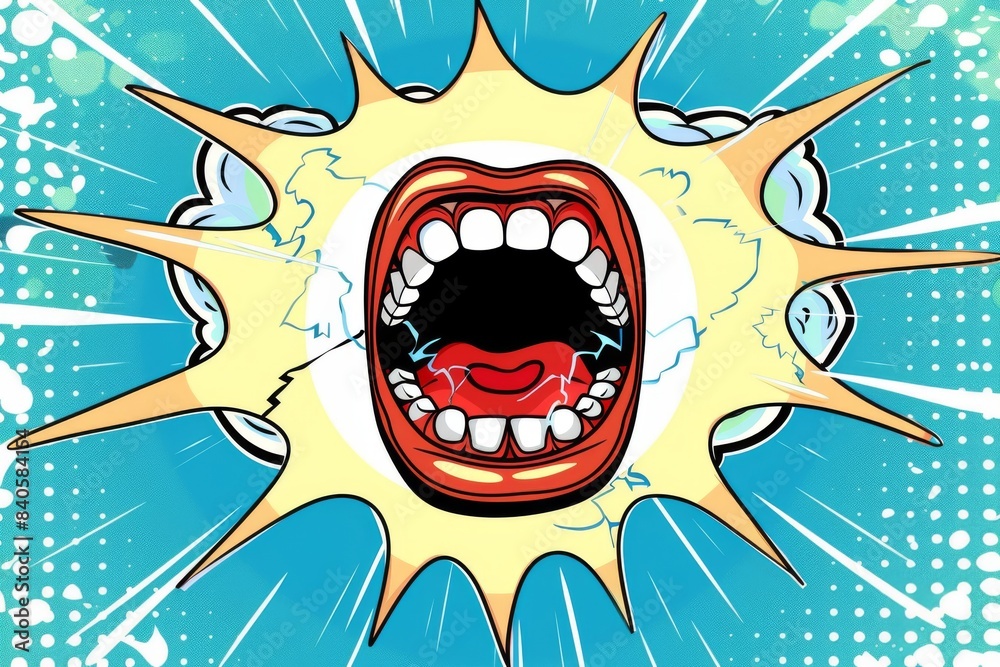 Comic book style pop art cartoon with an open mouth expressing loud ...