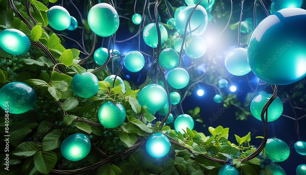 Vivid green orbs illuminate a magical night garden, their ethereal glow ...