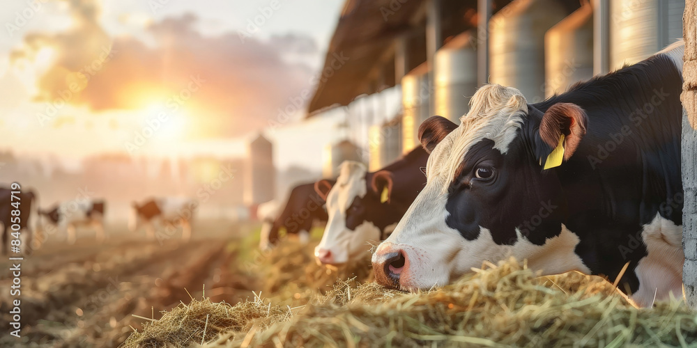 Dairy cow in a barn at sunset, captured with golden light illuminating ...