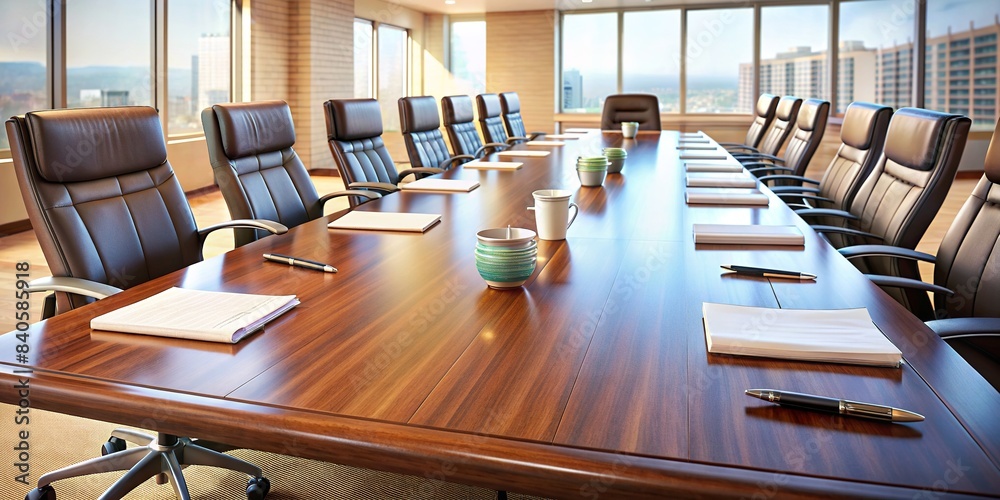 Business meeting background with conference table, chairs, notepads ...