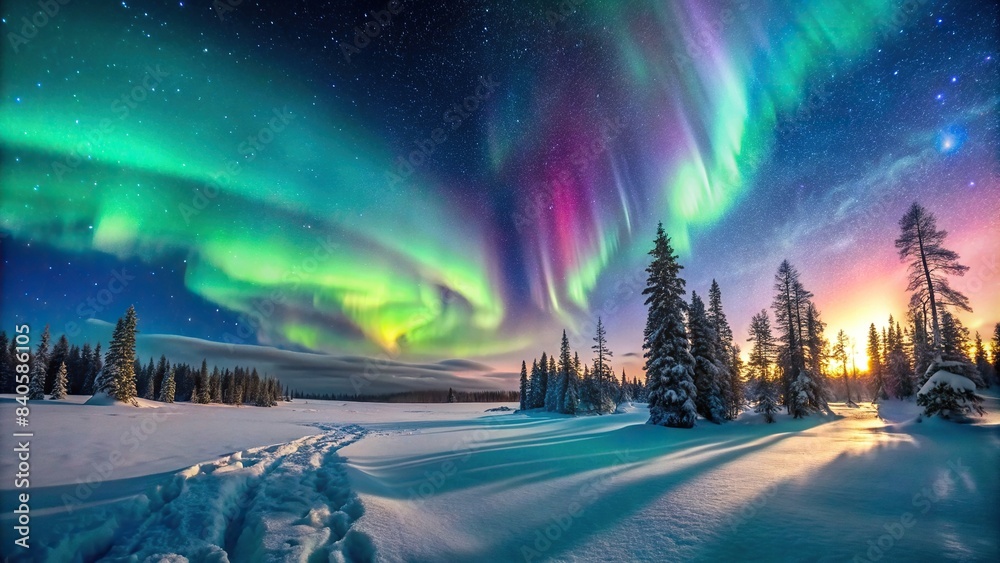 Starry night sky with vibrant northern lights above snow-covered ...