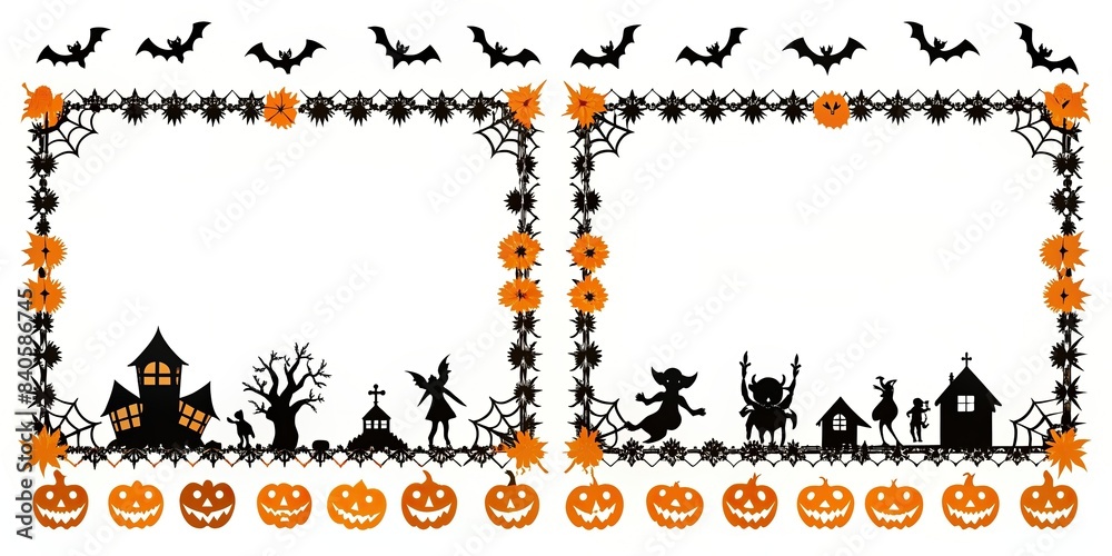 Scary Halloween frame border silhouettes isolated on white background ...