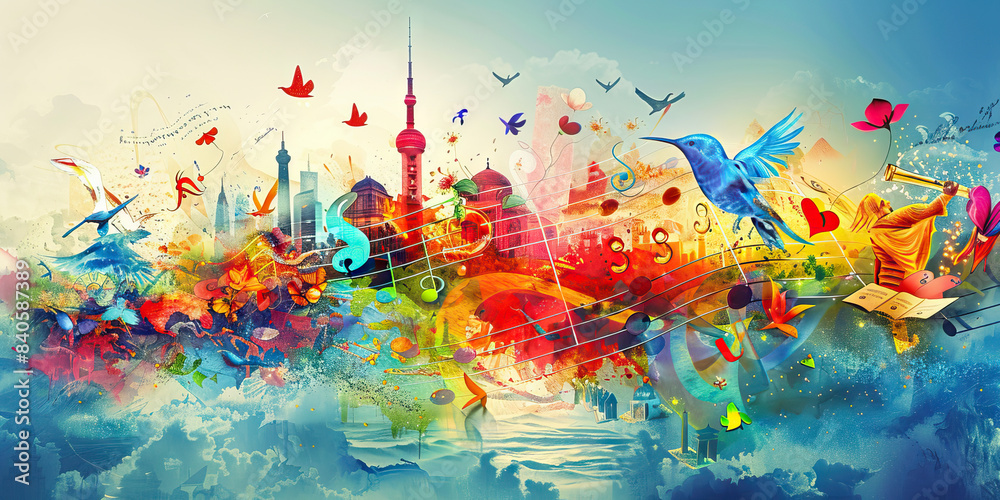 Cultural Harmony: Music Notes with Cultural Symbols and Traditions from ...