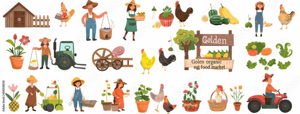 Organic production set. Farm workers planting and gathering crops ...