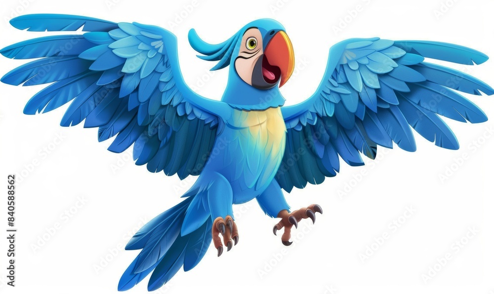Cartoon bird flapping its wings while smiling of a blue macaw or parrot ...
