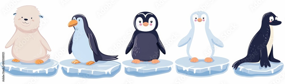 Animated wild animals on ice floes. Sea whales, white bears, penguins ...