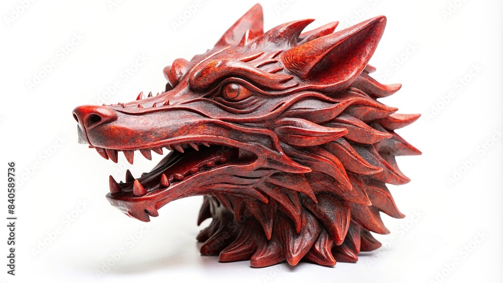 ภาพประกอบสต็อก Red stone dragon wolf head statue on white background ...