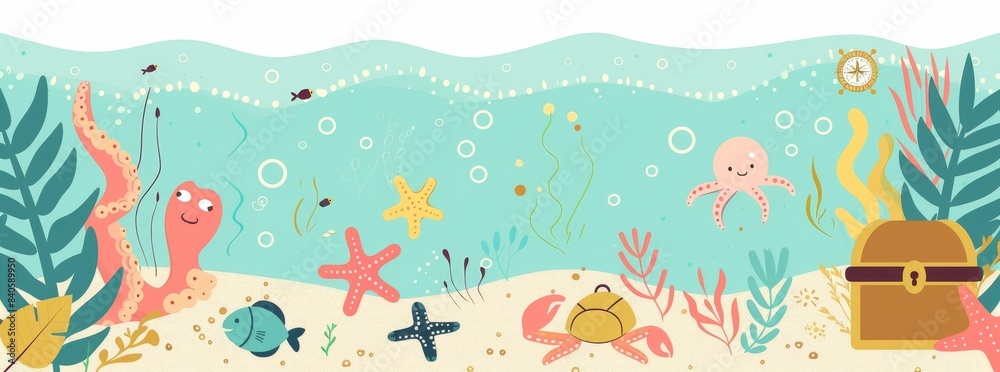 Cartoon illustration of ocean animals and fish with a dolphin, crab ...