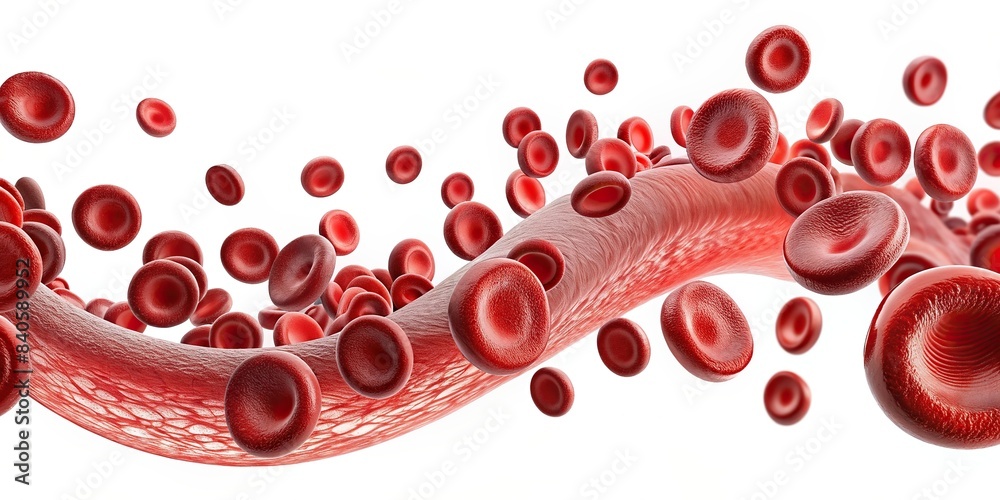 Blood cells floating in a wave pattern on a white background ...
