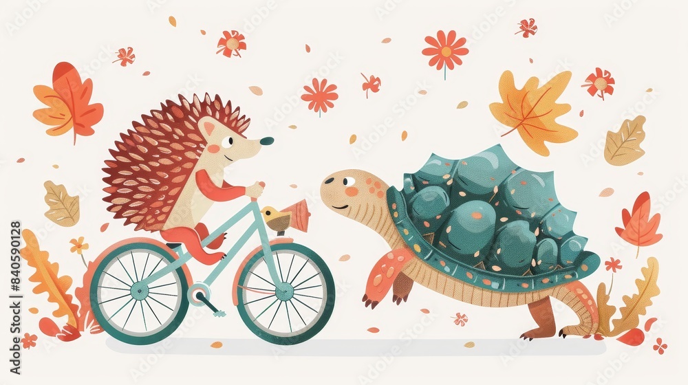 Cartoon modern illustration of a turtle riding a bike and a hedgehog ...