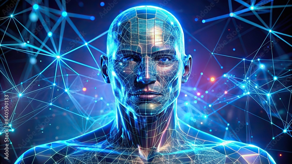 ภาพประกอบสต็อก Futuristic cyborg man with AI, biometric scanning, and ...