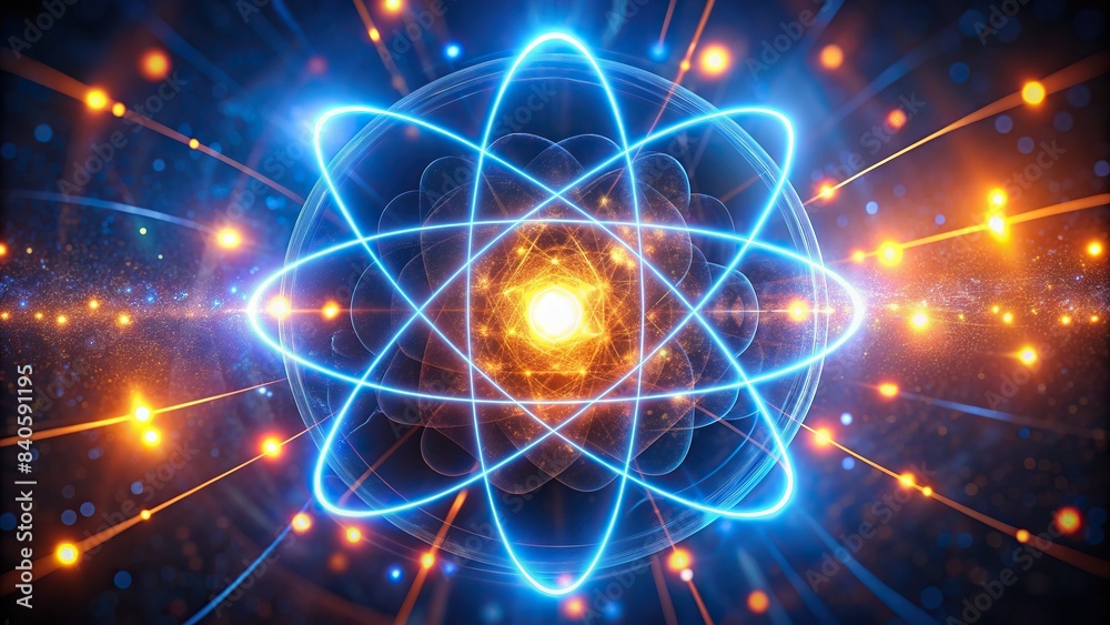 Abstract visualization of a glowing atom symbol with electrons in hyper ...