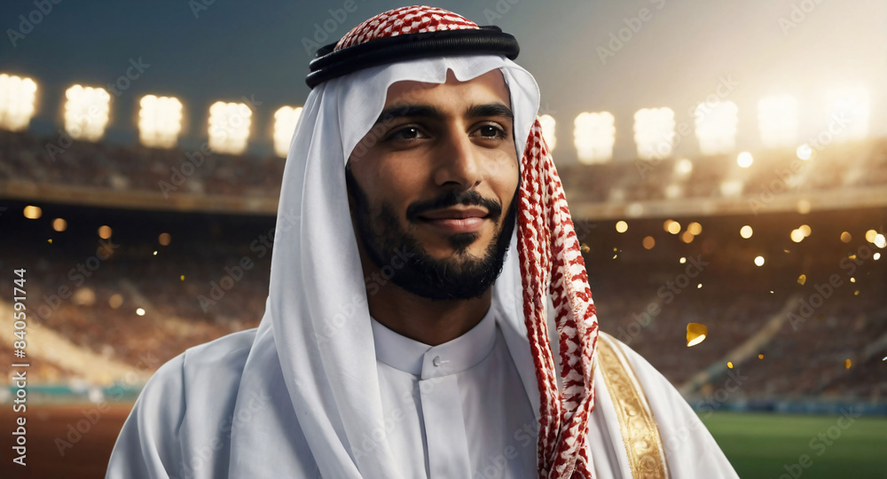 Smiling Arab football fan supporting Saudi Arabia national team in ...