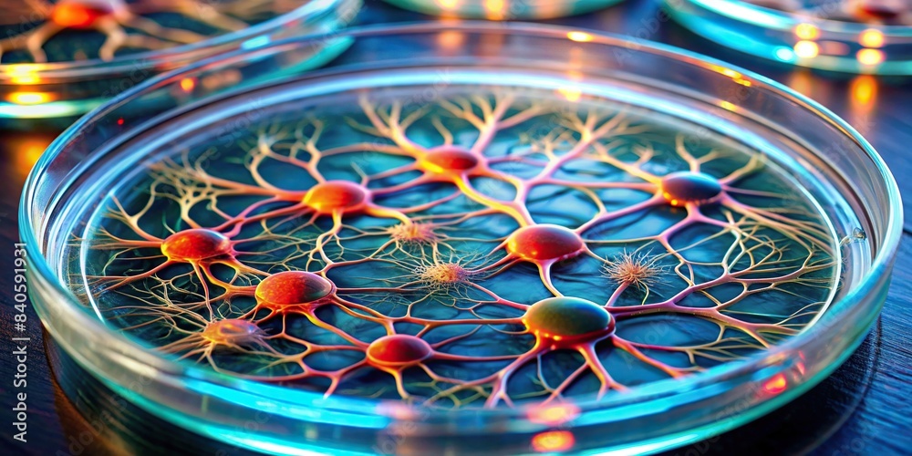 Scientific close-up of neural stem cells in culture dish, showing ...