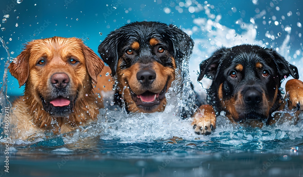 Three dogs of different breeds swimming in the water, with splashes and ...