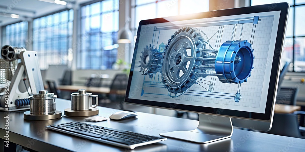 Computer screen displaying mechanical engineering design software ...