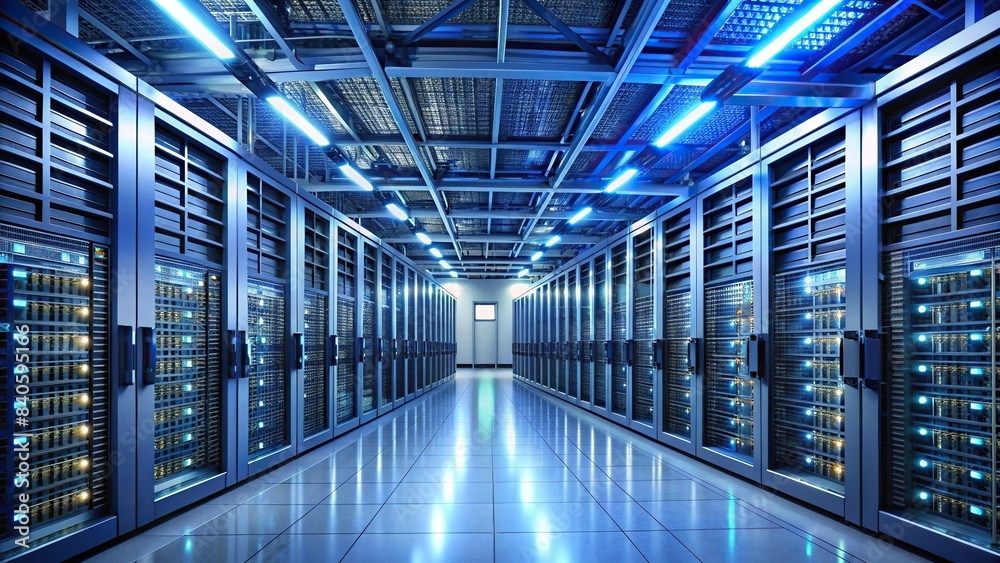 Empty modern server room with large servers, wires, and buttons for ...