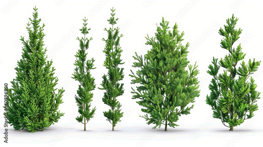 set of creeping juniper evergreen shrubs isolated on white background ...