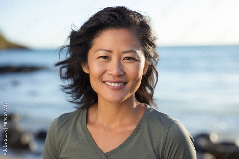 Portrait of a grinning asian woman in her 40s donning a classy polo ...