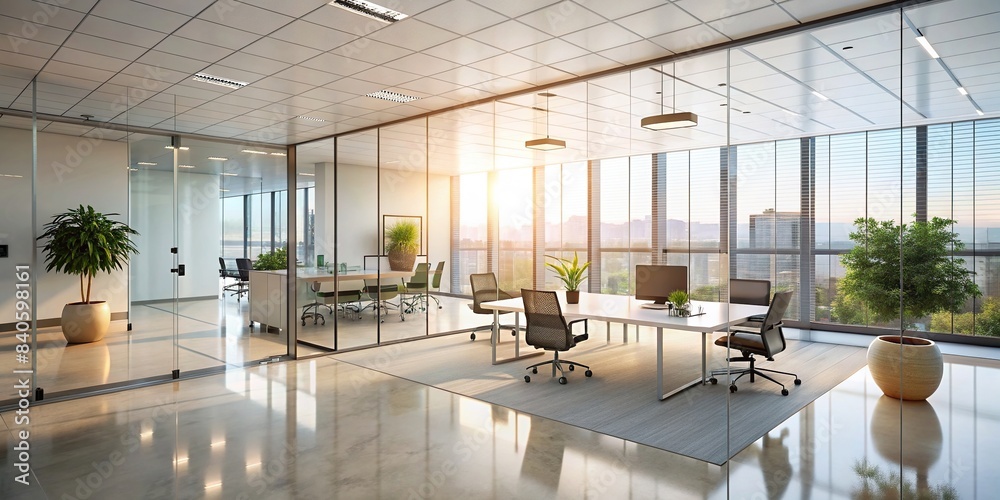 Bright and spacious office interior with reflective glass partitions ...