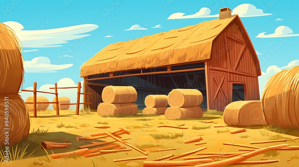 Farm-themed cartoon barn design featuring straw bales and hay piles ...