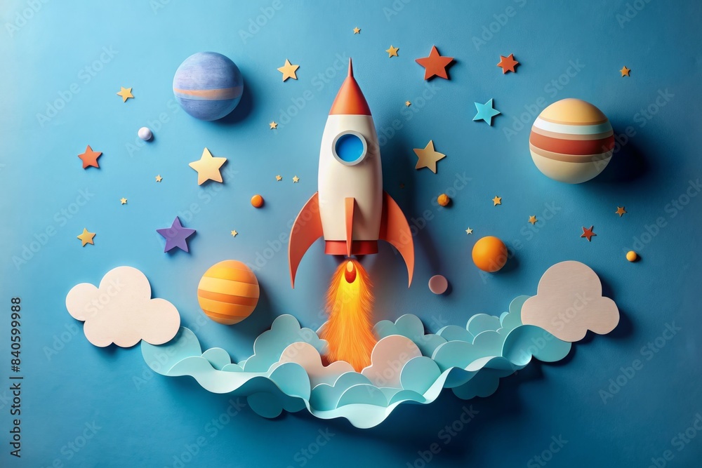Paper art rocket ship blasting into space surrounded by planets and ...