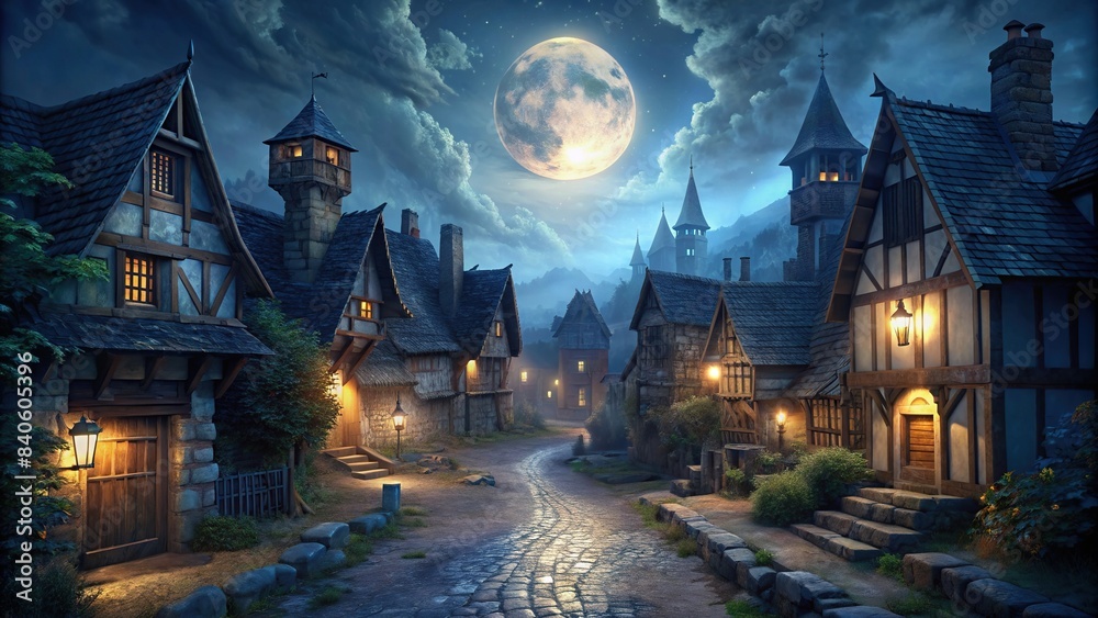 Creepy medieval village under a full moon night with eerie lights and desolate pathways, creepy ...