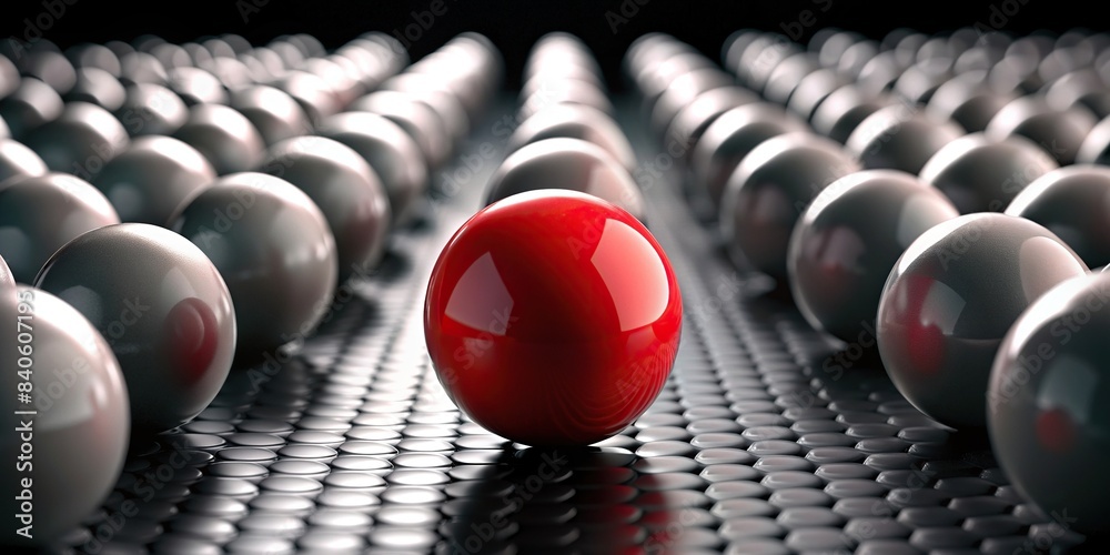 Red ball standing out on black and white background with contrast and ...