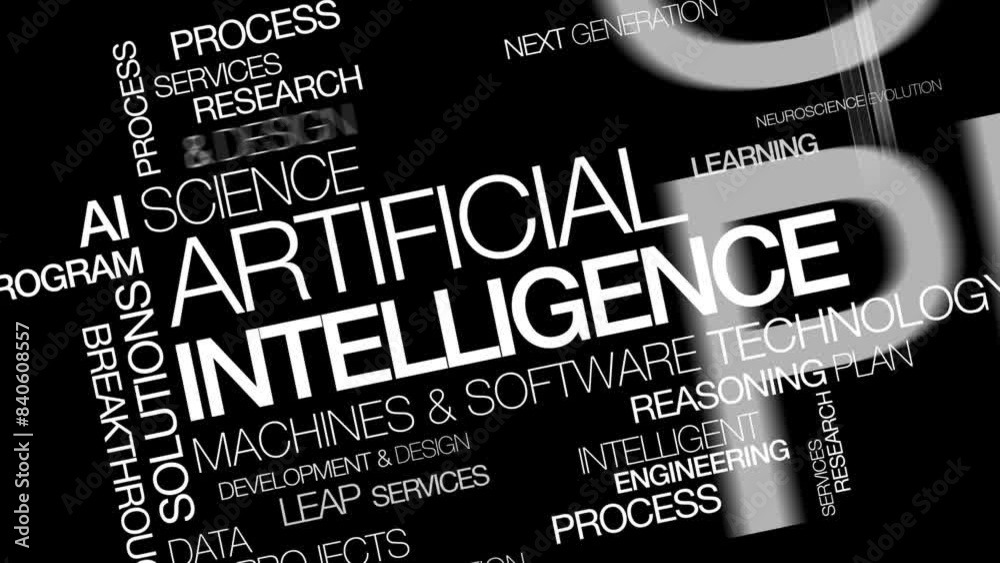 Artificial intelligence AI tag cloud white text black background ...
