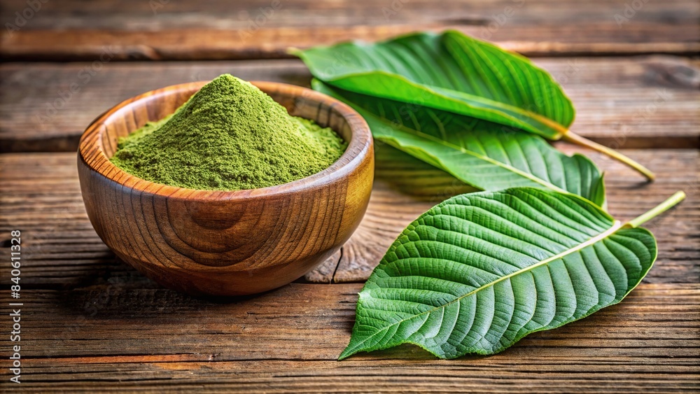 Mitragyna speciosa (kratom) leaves and medicinal powder in a wooden cup ...
