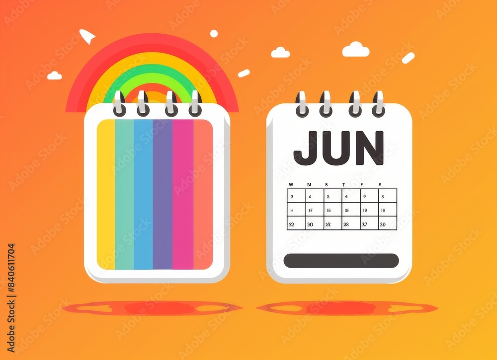 June Calendar Clipart: Rainbow Background with Two Floating Pages Stock ...