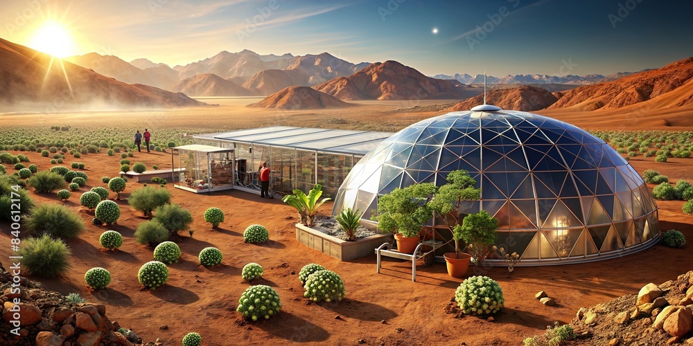 Mars habitat with greenhouse, solar panels, and plants producing oxygen ...