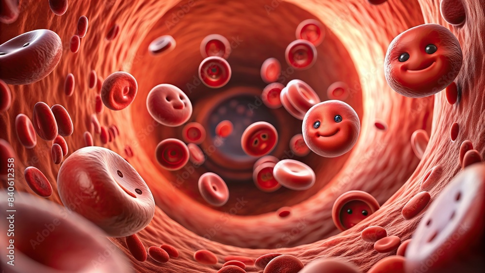 Smiling blood cells moving through a vein in a , medical, health, blood ...
