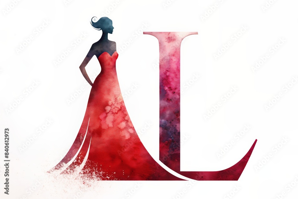 Artistic illustration of a woman in a red dress beside the letter "L ...