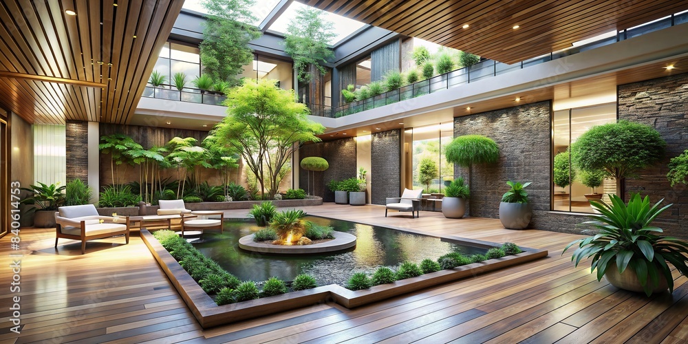 Modern interior biophilic courtyard design with natural elements like plants and water features ...