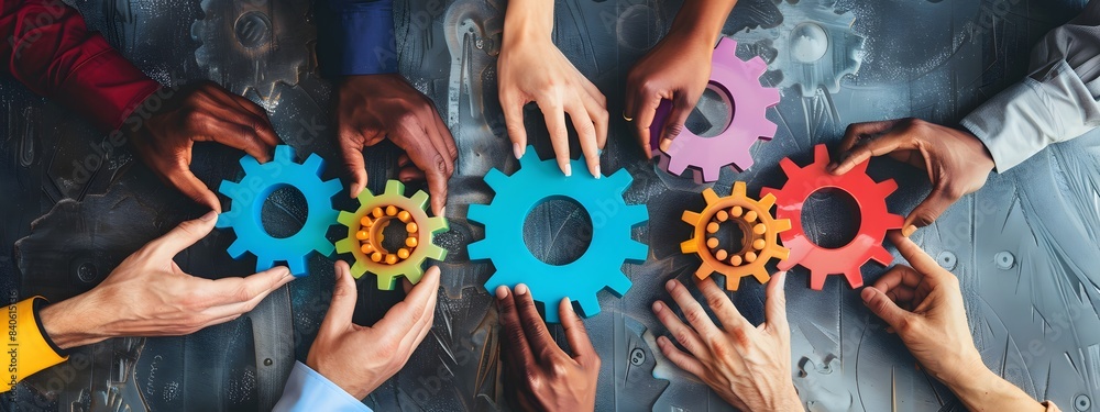 Many hands holding colored gears together, symbolizing collaboration ...