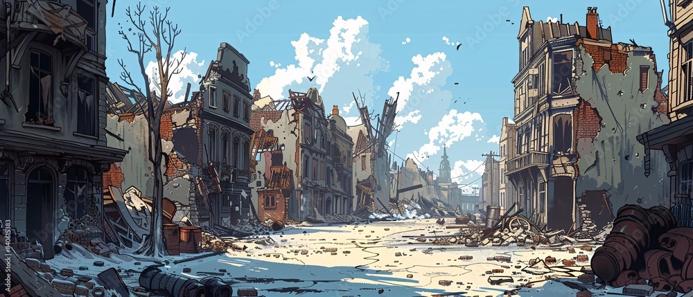 War-Torn WWII Street Scene with Ruined Buildings - Illustration for ...