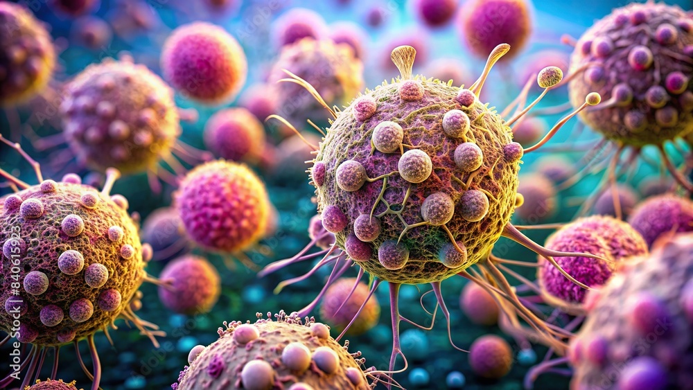 Close up of cancer cells under a microscope , abnormal, disease ...