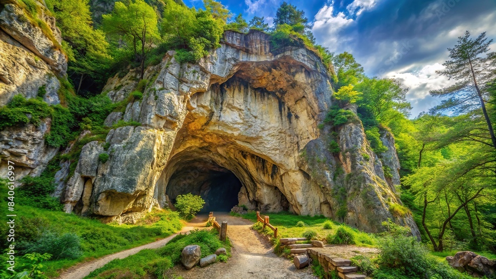 Cave entrance at Stari Grad in old historic city Krapina, Croatia with ...
